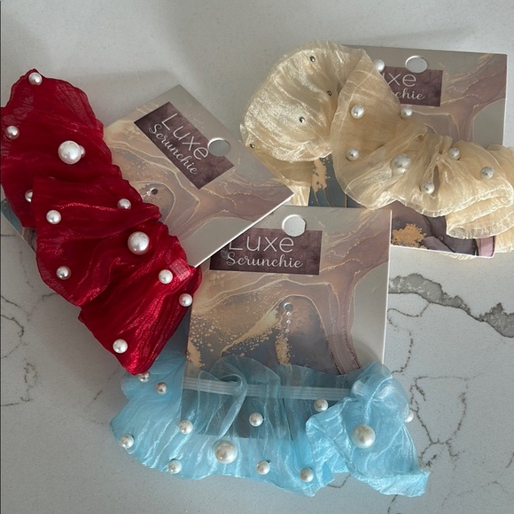 Luxe | Accessories | Luxe Scrunchie Set Red Blue And Cream With Pearls | Poshmark